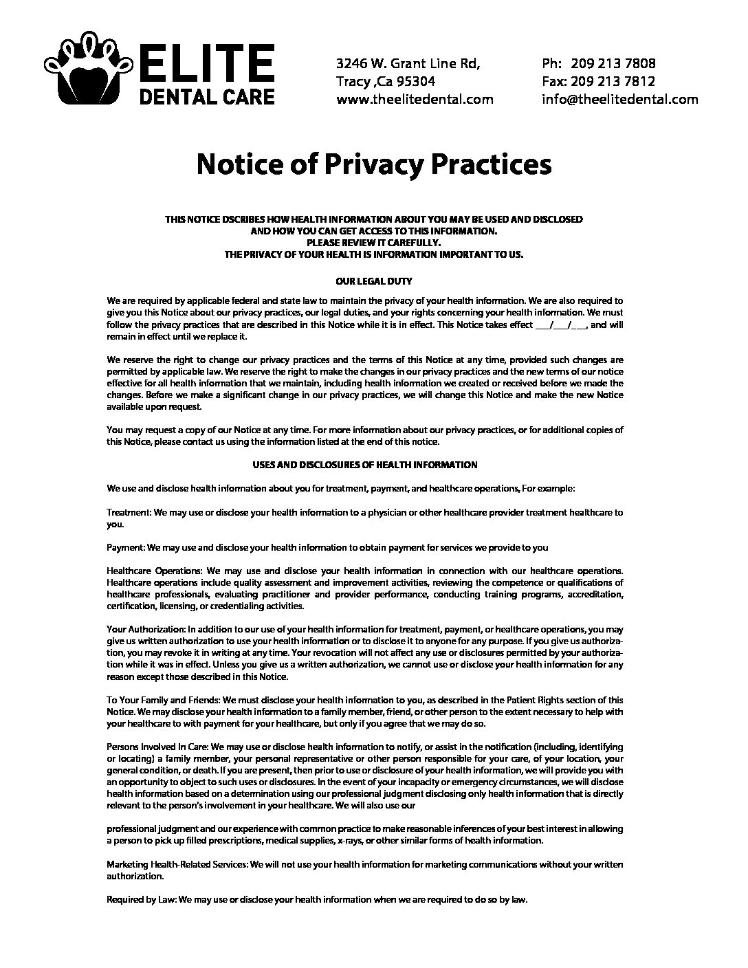 Notice of Privacy Practices | Elite Dental Care
